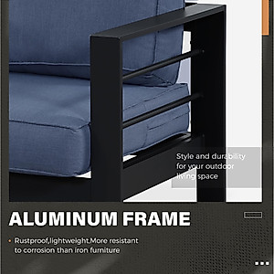 Solaste Aluminum Patio Furniture Set, 5 Seats Modern Outdoor Conversation Set Sectional Sofa with Upgrade Cushion and Coffee Table,Black Frame and Blue Cushion