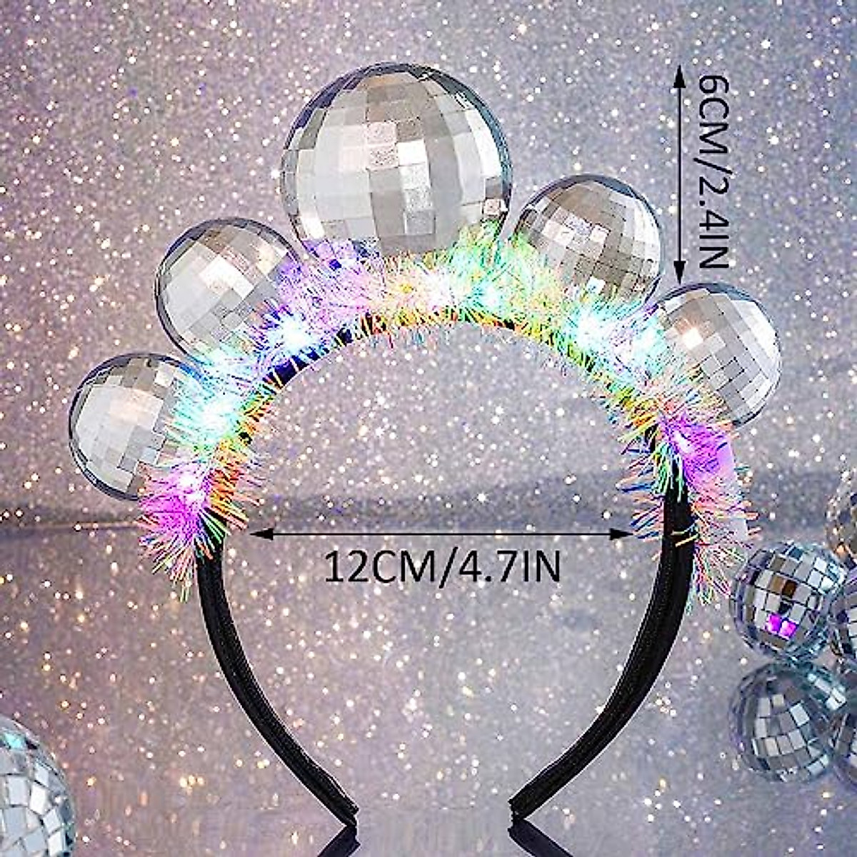 Catery Disco Ball Headband Light Up Headband Disco Headpiece Silver Mirror Ball Head Bopper Hair Hoop Headband Disco Party Costume 1970s Disco Hair Accessories for Women and Girls