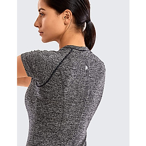 CRZ YOGA Seamless Workout Shirts for Women Short Sleeve Sports Tees Quick Dry Breathable Gym Athletic Tops Black and White Large