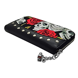 Lost Queen Skulls & Roses Women's Black Wallet Faux Leather Zip Around