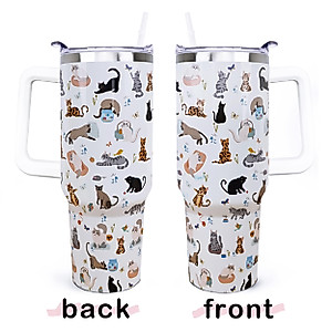 ZNYYZYBA 40 oz Tumbler With Handle and Straw, Cat Tumbler With Leak Proof Lid, Reusable Stainless Steel Insulated Travel Coffee Mug, Gifts for Cat Lovers