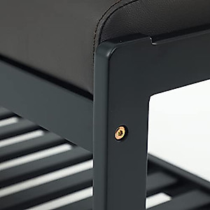 STRUGGLE Shoe Bench for Entryway, Solid Wood Shoe Rack with Cushion Padded Seat, Storage Shoe Shelf Holds up to 300lbs for Indoor, Entrance, Hallway, Bedroom, Living Room, Black