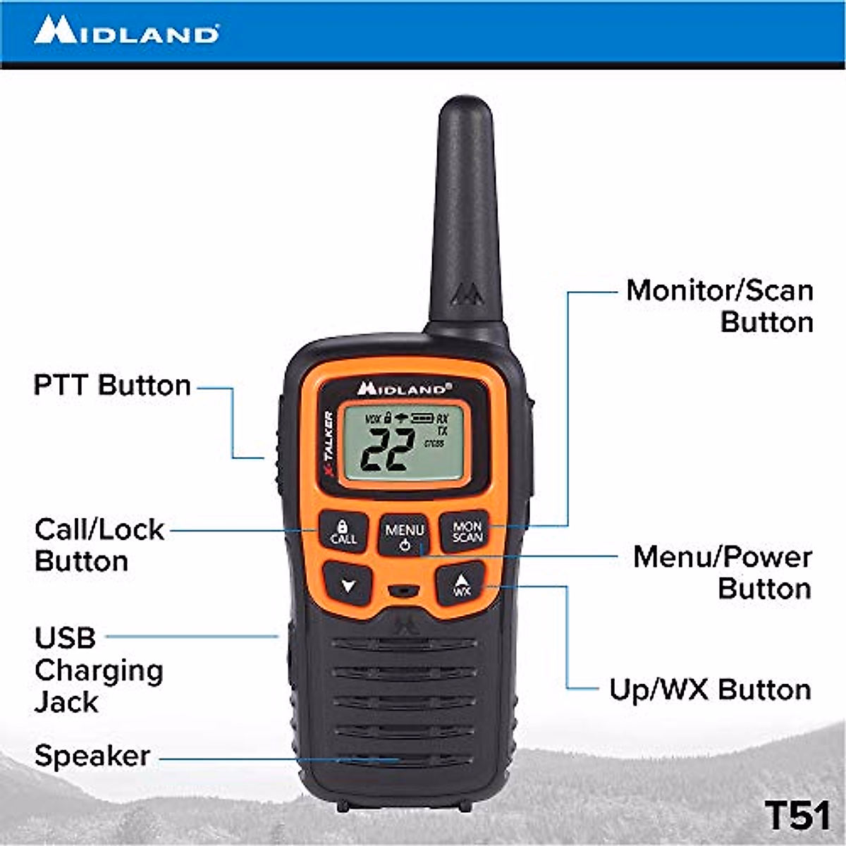 Midland T51VP3 22 Channel FRS Walkie Talkie - Up to 28 Mile Range Two-Way Radio - Orange/Black (Pack of 6)
