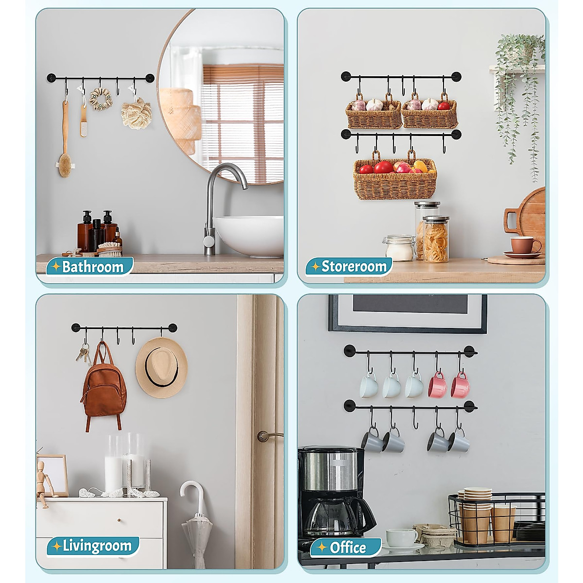 HOMEBROS Coffee Mug Rack, Black Metal Coffee Cup Holder Wall Mounted Hanging Coffee Mug Holder with 10 Mug Hooks Space Saving Kitchen Coffee Bar Mug Hanger Tea Cup Holder for Storage & Display - 2 Pcs