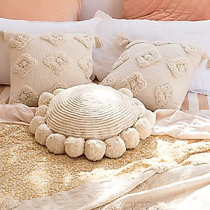 Banilla Bohemian Round Pillow Cover 16 Inch | 100% Cotton Decorative Pillow Hand Tufted with Chunky Textured Poms | Boho Throw Pillow for Bed or Couch | Natural White Throw Pillow Cover