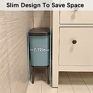URALFA Slim Bathroom Trash Can with Lid, Narrow Garbage Can 4 Gallon Trash Can with Press Top Lid, Plastic Kitchen Trash Bin Dog Proof Trash Can for Bedroom, Toilet, Living Room, Office & RV, Blue