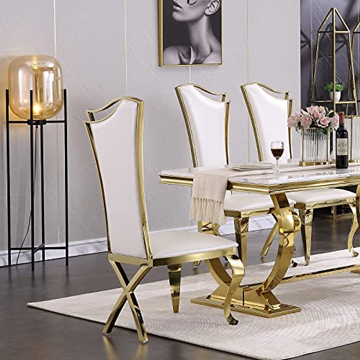 ACEDÉCOR 7 Piece Dining Table Set, Gold Kitchen and Room Sets for 6, Metal Circling Base Table in White Gold, White Leather Upholstered Chairs with Stainless Steel Legs White Table With White Chairs