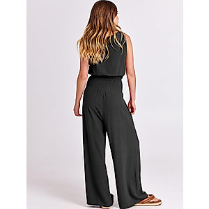 ANRABESS Women's 2 Piece Linen Lounge Set Casual Matching Pants Jumpsuit Summer Beach Travel Vacation Trendy Outfits Black Small