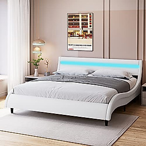 Keyluv Modern Upholstered Platform Bed Frame with LED Lights Headboard, Faux Leather Wave-Like Platform Bed Frame,Strong Wood Slats Support, Easy Assembly, Queen, White