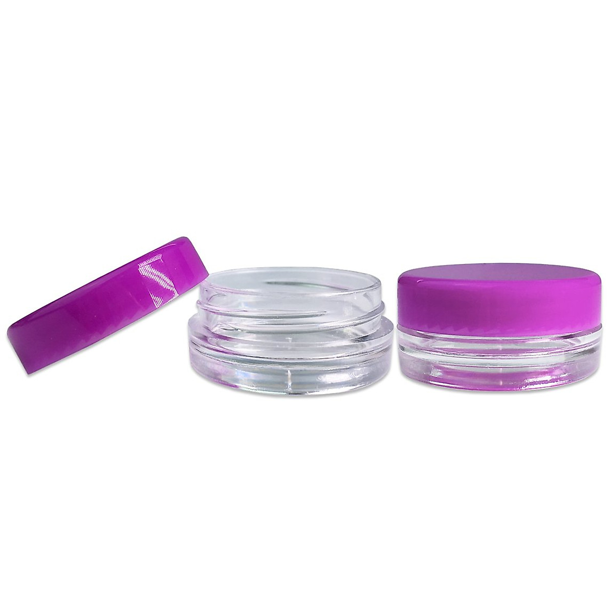 (Quantity: 50 Pieces) Beauticom 3G/3ML Round Clear Jars with PURPLE Lids for Scrubs, Oils, Toner, Salves, Creams, Lotions, Makeup Samples, Lip Balms - BPA Free