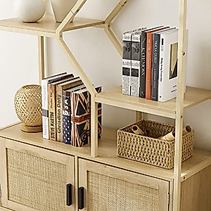 Bohemian Style Rattan Bookshelf, 5-Tier Open Display Shelves with Storage Cabinet, Eco-Friendly Particleboard Bookcase, Versatile Storage Rack for Living Room, Home Office, Natural Tones