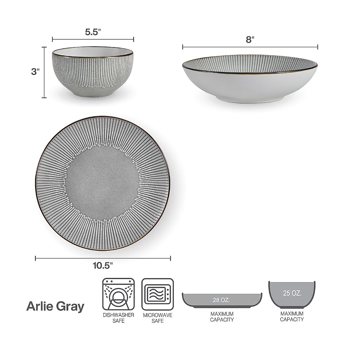 Pfaltzgraff Arlie Gray 12 Piece Dinnerware Set, Service for 4, Gray