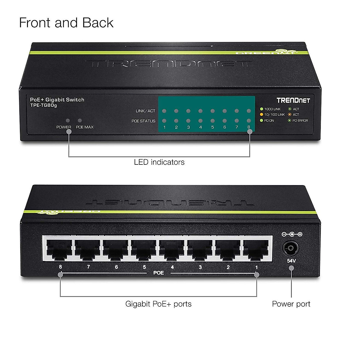TRENDnet 8-Port Gigabit PoE+ Switch, 123 W PoE Power Budget, 16 Gbps Switching Capacity, Metal housing, TPE-TG80G, V3.0R (Renewed)