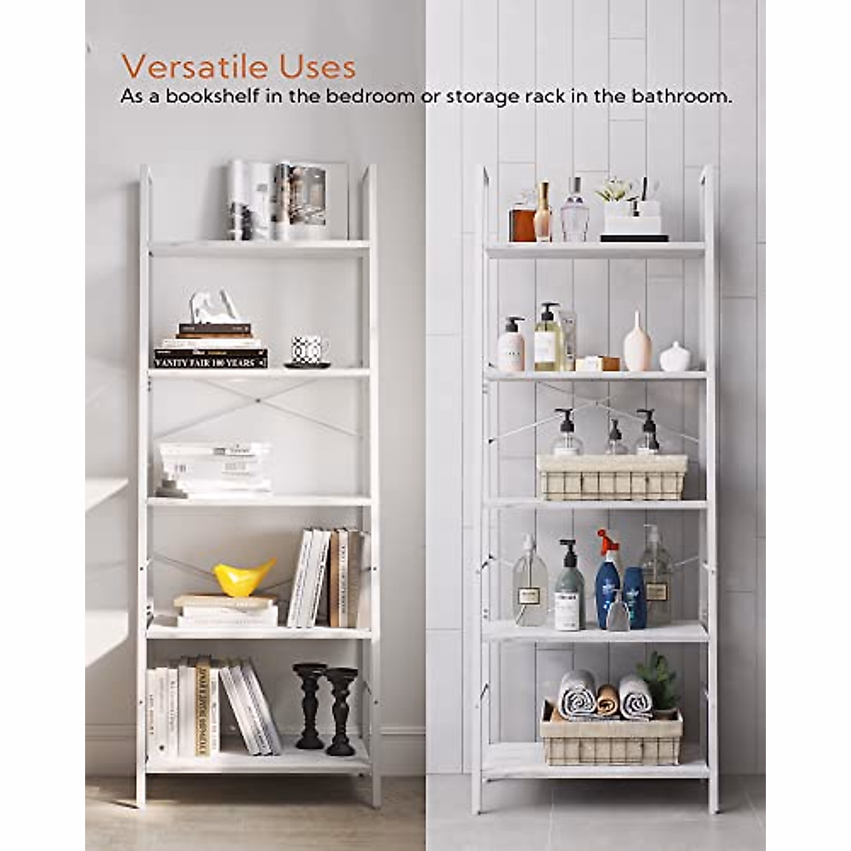 Yusong Ladder Shelf,Industrial 5-Tier Bookshelf,Free Standing Bookcase,Utility Organizer Shelves for Plant Flower,Wood Look Accent Furniture with Metal Frame for Home Office, (White)
