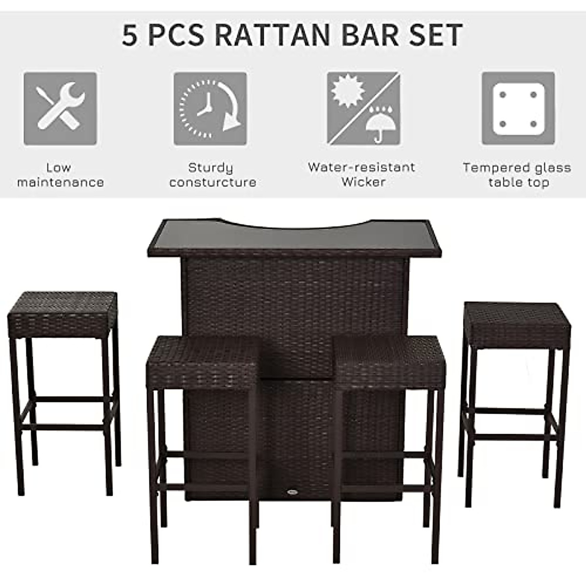 Outsunny 5 Pcs Rattan Wicker Bar Set with Glass Top Table and 2 Tier Storage Shelf, 1 Table and 4 Bar Stools for Outdoor, Patio, Garden, Poolside