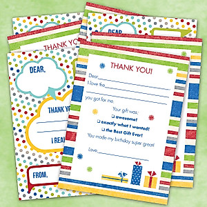 Dots and Stripes Kids Thank You Note Card Pack / 20 Fill In Childrens Colorful Thanks Cards With White Envelopes / 4 5/8" x 6 1/4" Kid Birthday Party Thank You