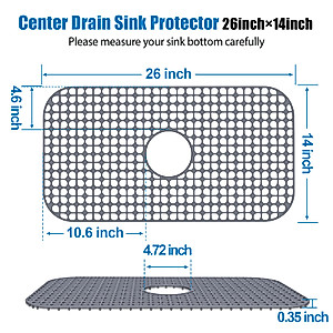 Silicone Kitchen Sink Mat MOSTWOGO-26''x14'' Center Drain Sink Protector for Bottom Kitchen Sink Stainless Steel, 1pcs No-Slip Anti-scratch Sink Grid Grate Accessories(Grey)