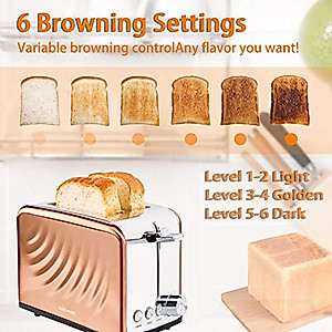 Cotomier Toaster 2 Slice, Rose Gold Stainless Steel Retro Toaster with Defrost Bagel Cancel Function & 6 Shade Settings