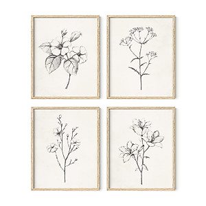 HAUS AND HUES Grey Floral Wall Art - Set of 4 Plant Posters for Wall Vintage, Botanical Prints, Black and White Flower Pictures for Room Aesthetic, Farmhouse Bathroom, Rustic Art (Beige Frame, 8x10)