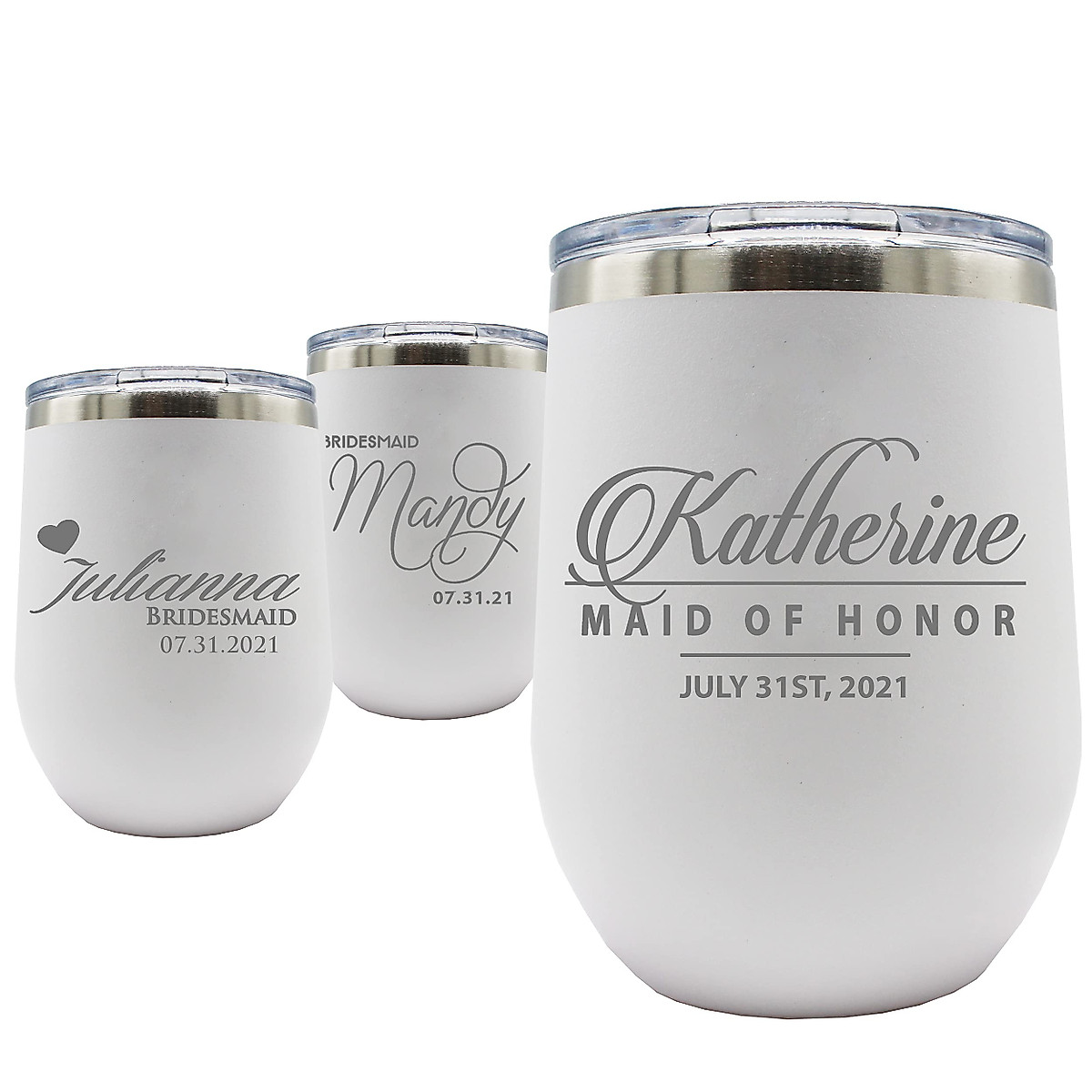 Bridesmaid Stemless Wine Tumbler - Custom Personalized 12 oz Insulated Stainless Steel Cup - Bride, Maid of Honor (White)