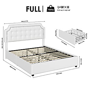 Keyluv Full Size Bed Frame with 4 Drawers, Upholstered Platform Storage Bed with Curved Button Tufted Headboard with Nailhead Trim, Solid Wooden Slats Support, No Box Spring Needed, Off White