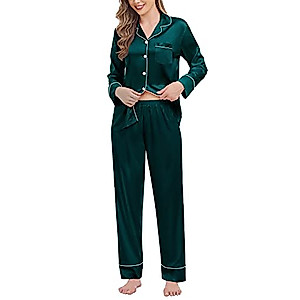 SWOMOG Women's Silk Satin Pajamas Loungewear Two-piece Sleepwear Button-Down Pj Set S-XXL Deep Green