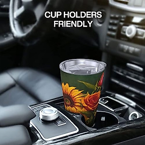 EKPRAVDKTF Sunflower And Rose 20oz Insulated Stainless Steel Tumbler With Lids And Straws, Double Wall Vacuum Travel Coffee Mug, Thermal Cup For Cold & Hot Drinks, Reusable Metal Straw & Brush