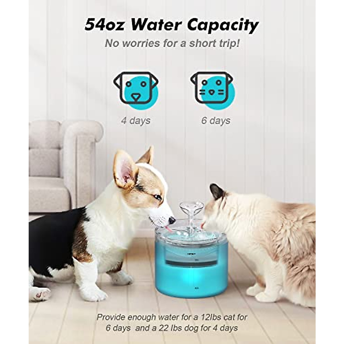 NPET WF100 Cat Water Fountain, 54oz/1.6L Automatic Pet Fountain Cat Water Dispenser with 2 Flow Modes, Light Quiet Pump for Cats