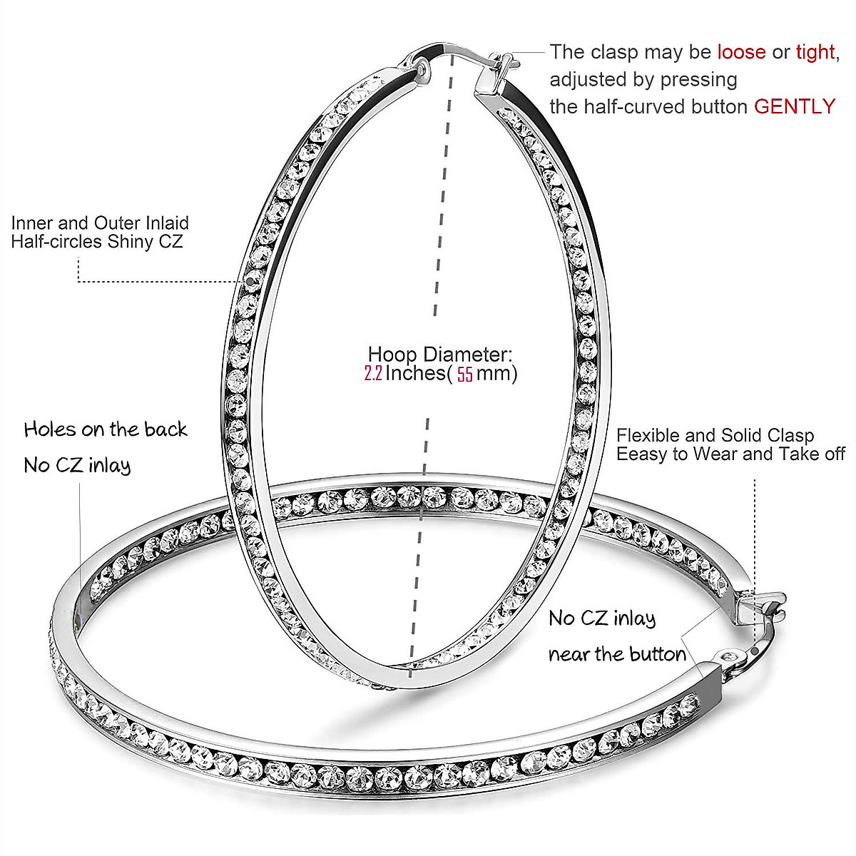 18K White Gold plated Inside-Out Hoop Earrings with CZ 55mm