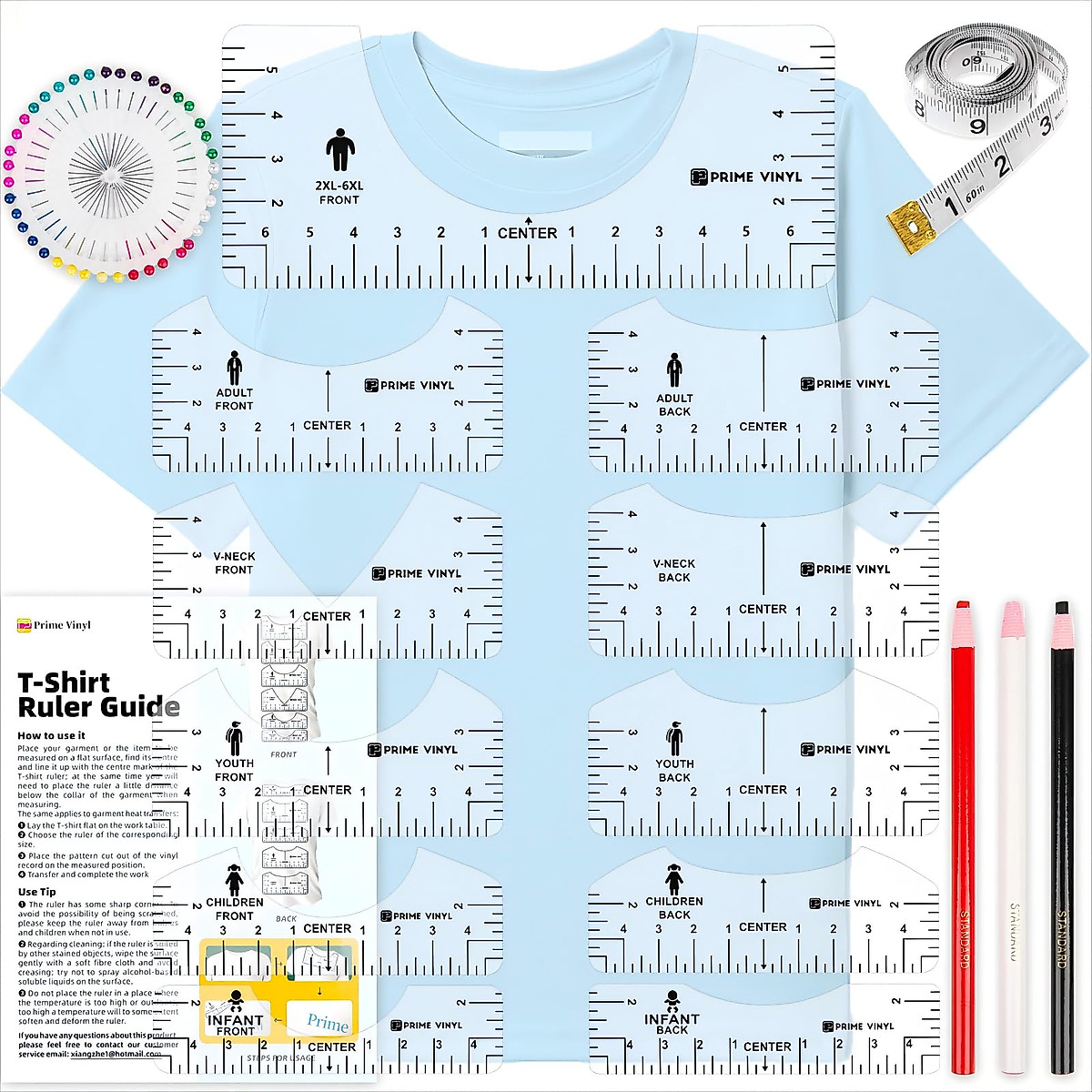 17Pcs Tshirt Ruler Guide for Vinyl Alignment, Prime Vinyl Tshirt Ruler for Cricut Heat Press HTV Vinyl Center Designs, Craft Sewing Supplies and Accessories