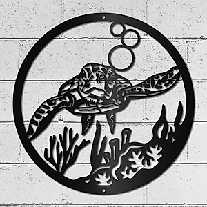 CREATCABIN Sea Turtle Metal Wall Art Ornament Ocean Theme Wall Decor Round DIY Decorations Wall Hanging Sculpture for Home Bathroom Indoor Outdoor Living Room Bedroom Party 12 x 12 Inch