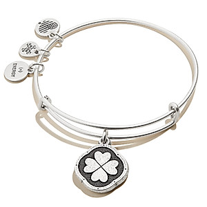 Alex and Ani Path of Symbols Expandable Bangle for Women, Four Leaf Clover Embossed Charm, Rafaelian Silver Finish, 2 to 3.5 in