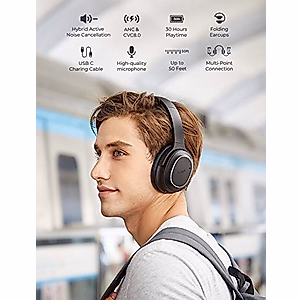 Tribit 32dB Active Noise Cancelling Headphones, Qualcomm QCC3003 Chip Wireless Headphones with CVC8.0 Mic, Over-Ear Bluetooth Headphones, HiFi Sound, Deep Bass for Travel, Office, Connect to 2 Devices
