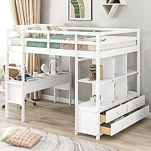 Harper & Bright Designs Full Loft Bed with Desk, Solid Wood Frame Storage Shelves and Drawers (Full Size, White), Gray(storage)