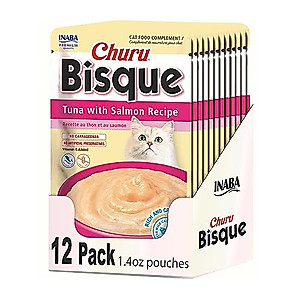 INABA Churu Bisque Lickable Treats for Cats, Creamy Purée Bisque with Vitamin E, 1.4 Ounces per Pouch, 16.8 Ounces Total (12 Servings), Tuna with Salmon Recipe