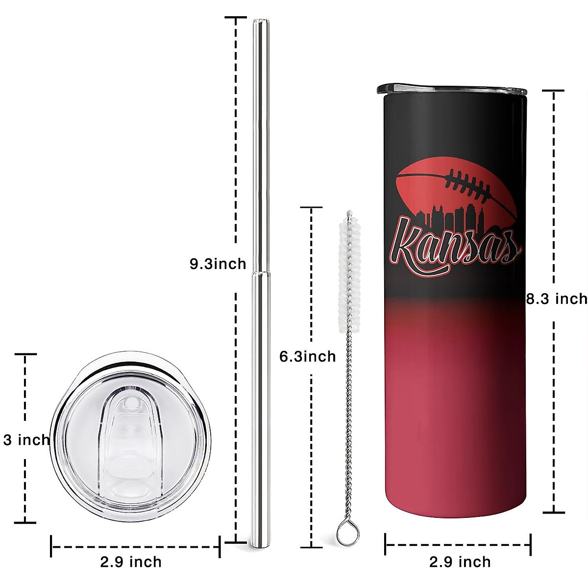 kansas Classic Stainless Steel Tumbler with Lid and Straw, City Football Fans Gifts,20oz Football Team Skinny Travel Mug Tumbler Cup Water Botter