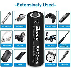 BONAI LCD Universal Battery Charger - Discharge Function - for Ni-MH Ni-CD AA, AAA, C, D, 9V Rechargeable Batteries with Rechargeable AA Batteries 2800mAh 1.2V Low Self Discharge (Pack of 8)