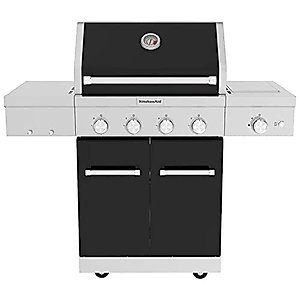 KitchenAid 720-0954L 4-Burner Stainless Steel Free Standing 55000 BTU Propane Gas Grill with Black Cabinet and Side Burner