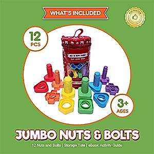 Jumbo Nuts and Bolts For Toddlers - Fine Motor Skills Rainbow Matching Game Montessori Toys For Toddlers & Toddler Games | 12 pc Occupational Therapy Educational Toys with Toy Storage + eBook