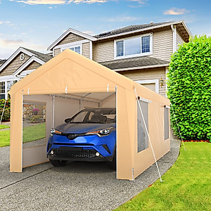 Tangkula 10x20 Ft Heavy Duty Carport, Portable Garage with Removable Sidewalls, Roll-up Door, Ventilated Windows, Metal Car Port for Auto, Truck, Boat, SUV (Yellow)