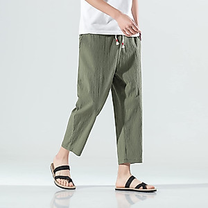 PRIJOUHE Mens Harem Pants Casual Lightweight Loose Fit Capri Pants Linen Beach Pants with Elastic Waistband