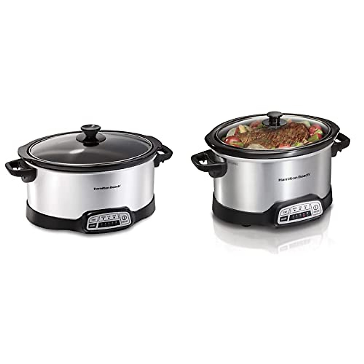 Hamilton Beach 7-Quart Programmable Slow Cooker, Silver (33473) & 4-Quart Programmable Slow Cooker With Dishwasher-Safe Crock and Lid, Silver (33443)