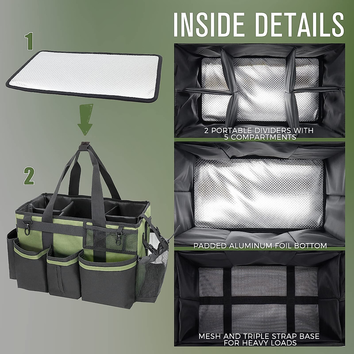 SCAVATA Wearable Cleaning Caddy, Cleaning Caddy Supplies Organizer with Handle & Shoulder Straps for Housekeepers, Under Sink & Car Cleaning Tool Organizers Bag with 4 Foldable Divider (Green)