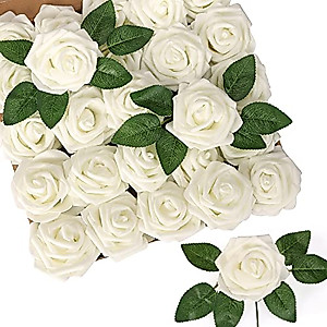 JPSOR White Roses Artificial Flowers 25pcs Foam Fake Roses with Stems for DIY Wedding Bouquets Floral Arrangements Table Centerpieces Home Decorations (Ivory)