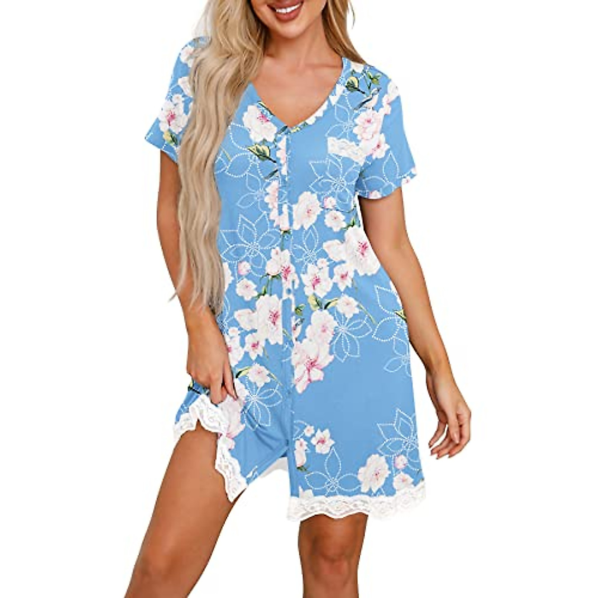 PrinStory Night Gowns Women Button Down Nightgowns Soft Sleepwear