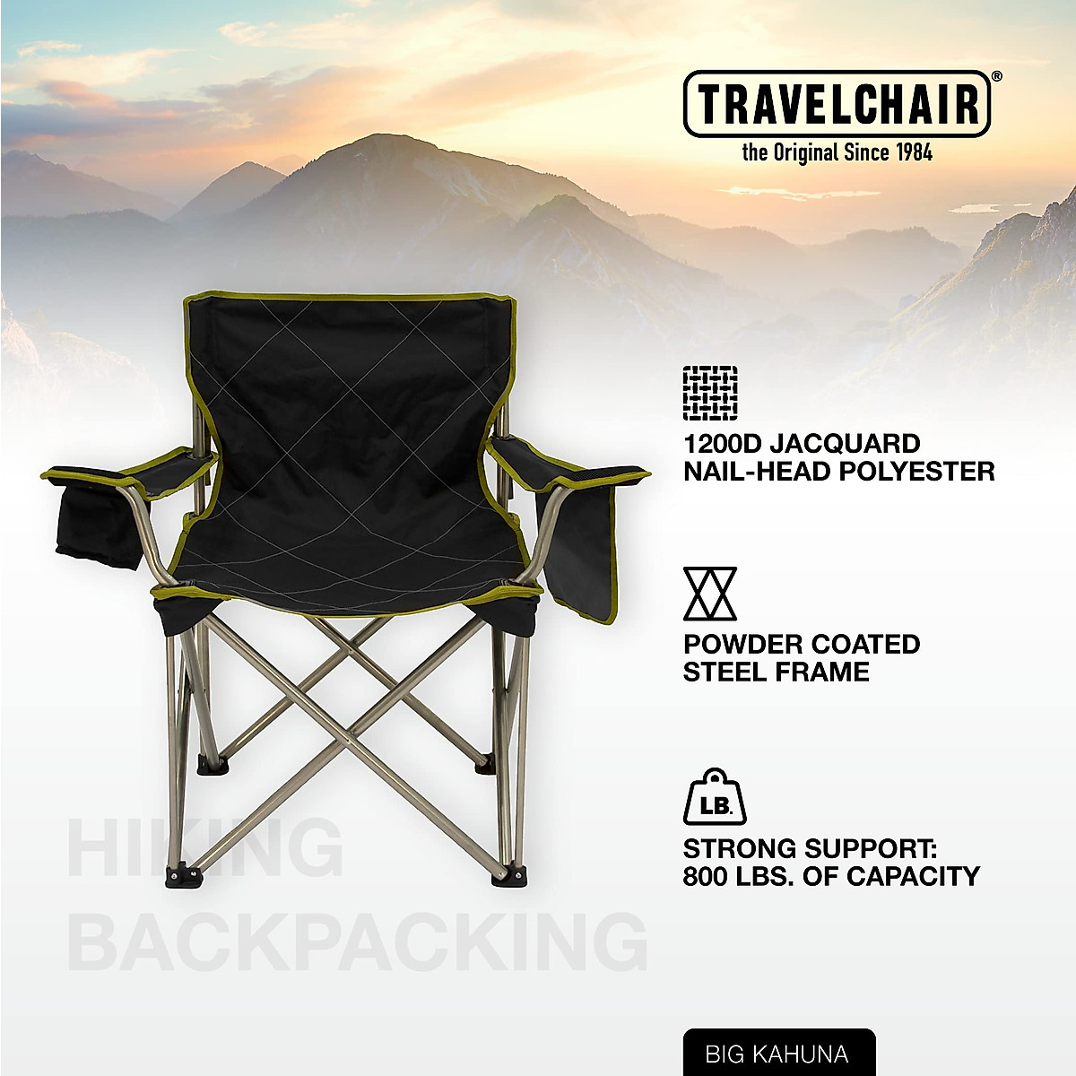TravelChair Big Kahuna Chair, Supersized Camping Chair, 800lb Capacity, Brown/Lime, One Size (599)