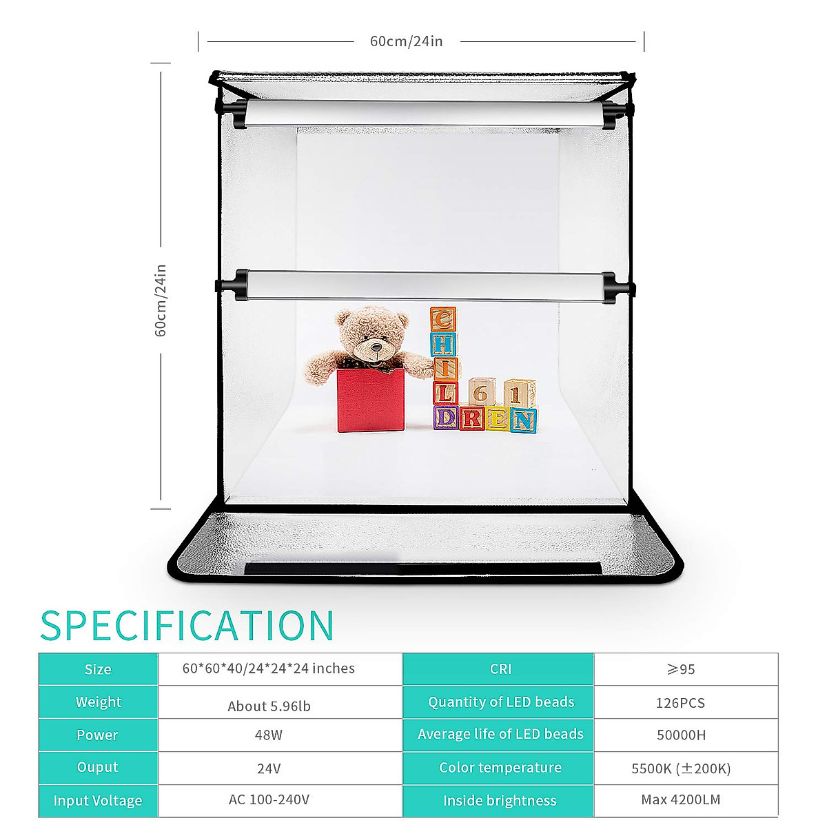 FOSITAN Photo Box, 24''x24''x24'' Portable Photo Studio Professional Light Box 126 LED Brightness Dimmable Shooting Tent with 8 Backdrops for Product Advertising Like Jewellery, Food, Bags, Shoes