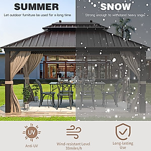 EROMMY 10'x13' Hardtop Gazebo, Galvanized Steel Outdoor Aluminum Canopy with Netting and Shaded Curtains, Double Roof Pergolas, Permanent Metal Pavilion for Patio, Backyard, Deck and Lawns, Brown