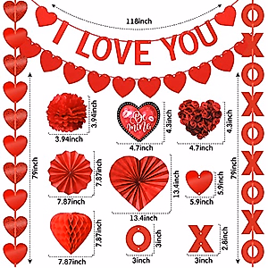 30 Pieces Valentine's Day Decoration Kit I Love You Red Heart XOXO Garland Banner Heart Swirls Tissue Paper Fan Pom Hanging Decor for Home Hotel Engagement Wedding Valentines Party Supplies Set