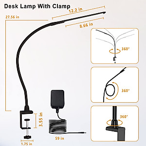 Desk Lamps for Home Office, 10W Clamp Lamp Dimmable Gooseneck Lamp Touch Control, Adjustable Desk Light for Workbench Tabletop (Black)